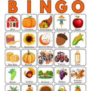 Printable Fall Harvest Bingo Game - Includes Calling Card and Playing ...