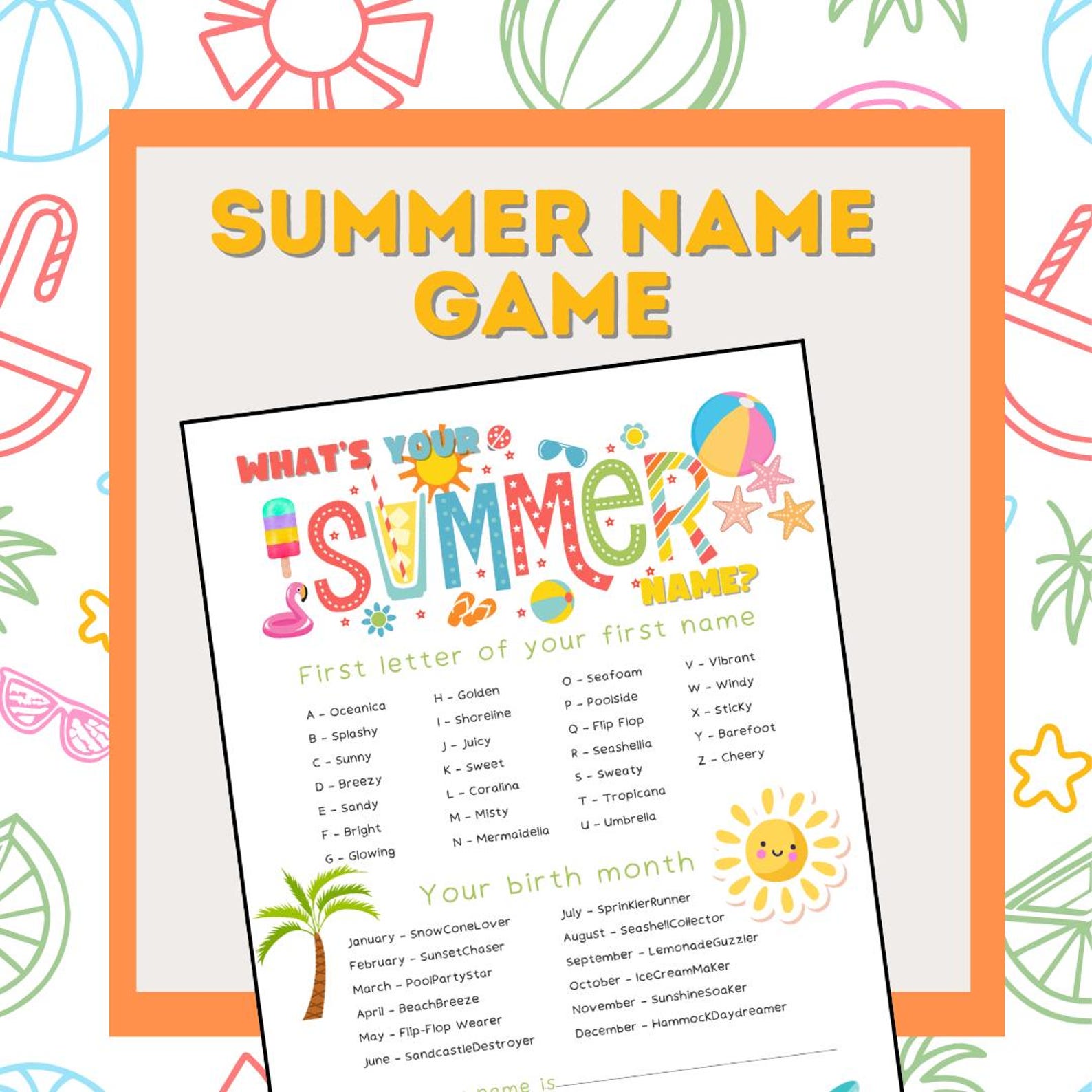 Printable Summer Name Game Worksheet - Etsy