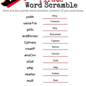 Printable Pirate Word Scramble With Answer Key - Etsy