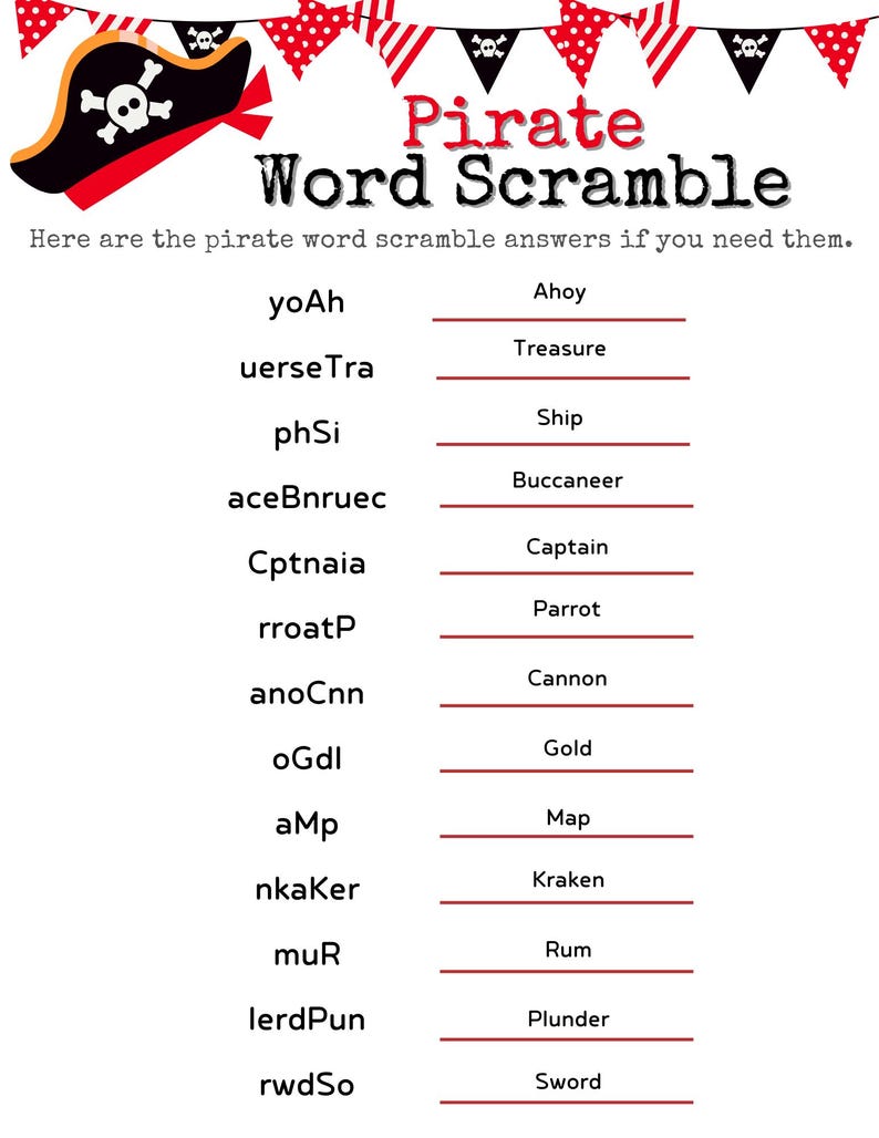 Printable Pirate Word Scramble With Answer Key - Etsy