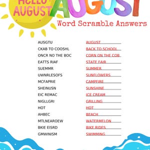 Printable August Word Scramble With Answer Key - Etsy