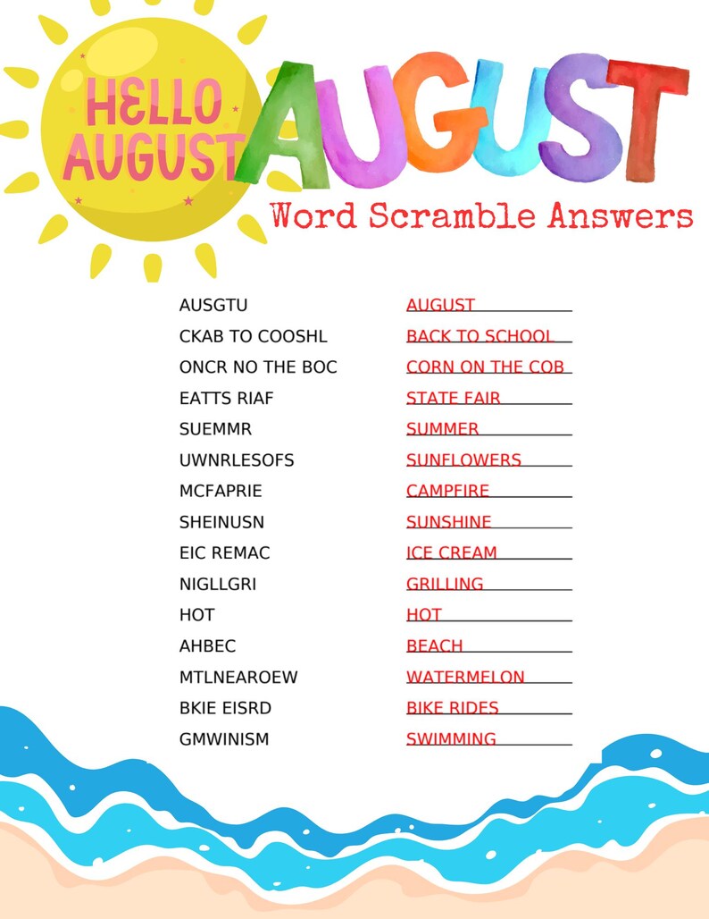 Printable August Word Scramble With Answer Key - Etsy