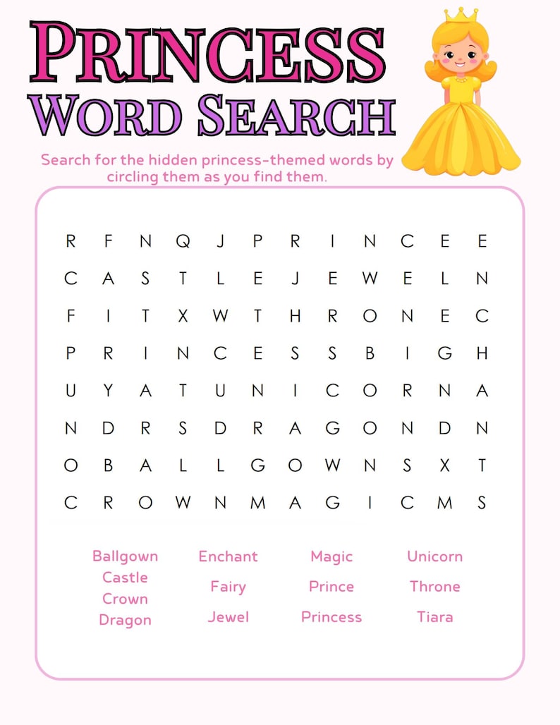 Printable Princess Word Search Puzzle With Answer Key - Etsy