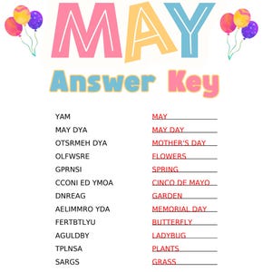 Printable May Word Scramble Puzzle With Answer Key - Etsy
