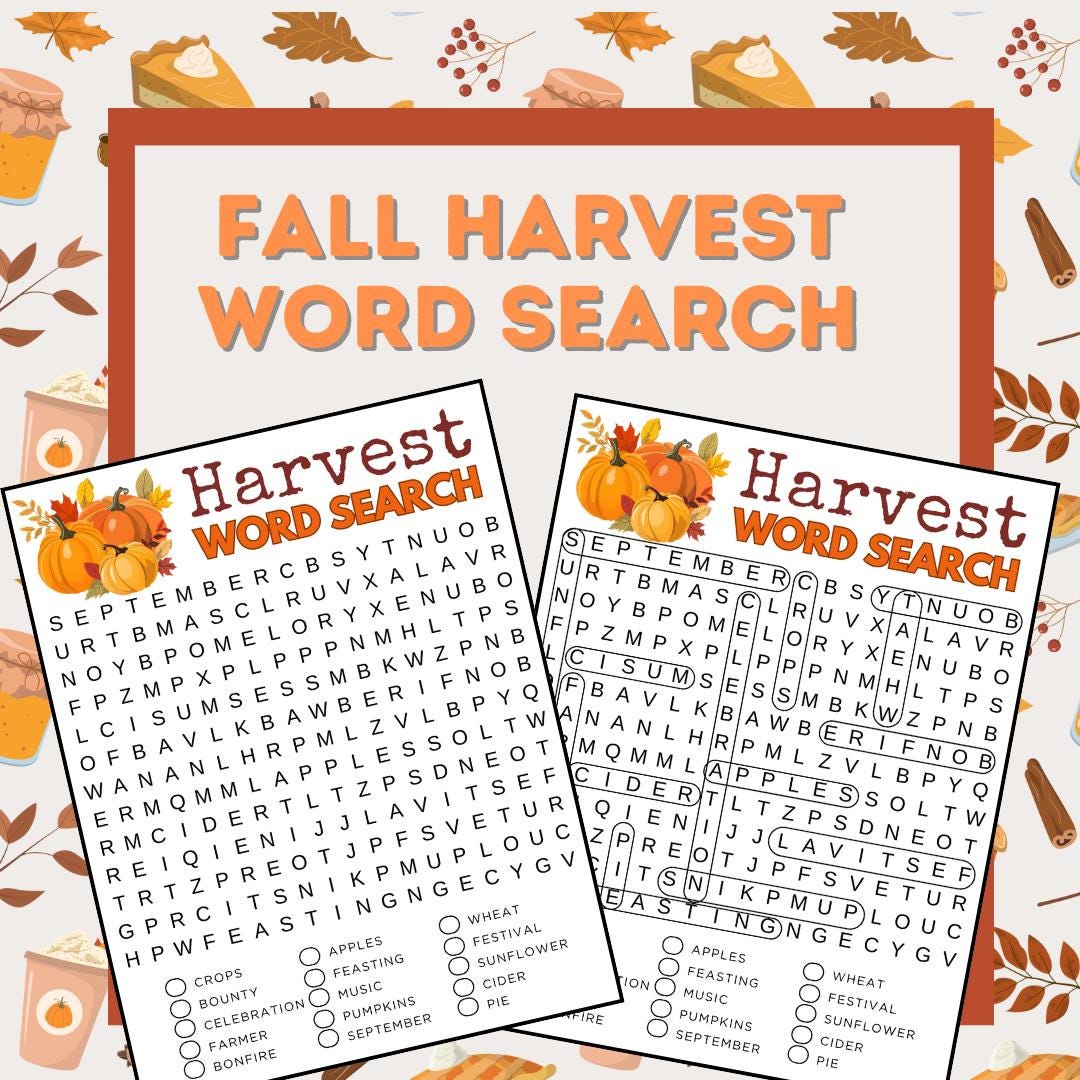Printables Fall Harvest Word Search Game and Answer Key - Etsy