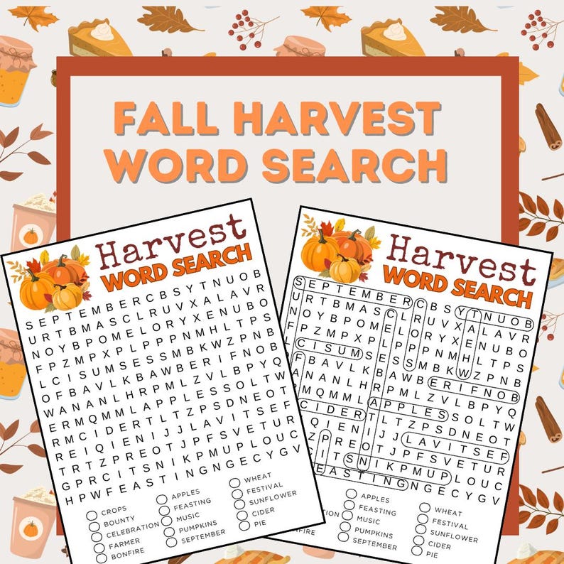 Printables Fall Harvest Word Search Game and Answer Key - Etsy