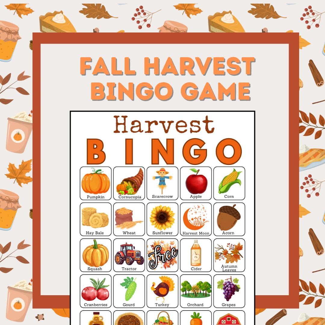 Printable Fall Harvest Bingo Game - Includes Calling Card and Playing ...