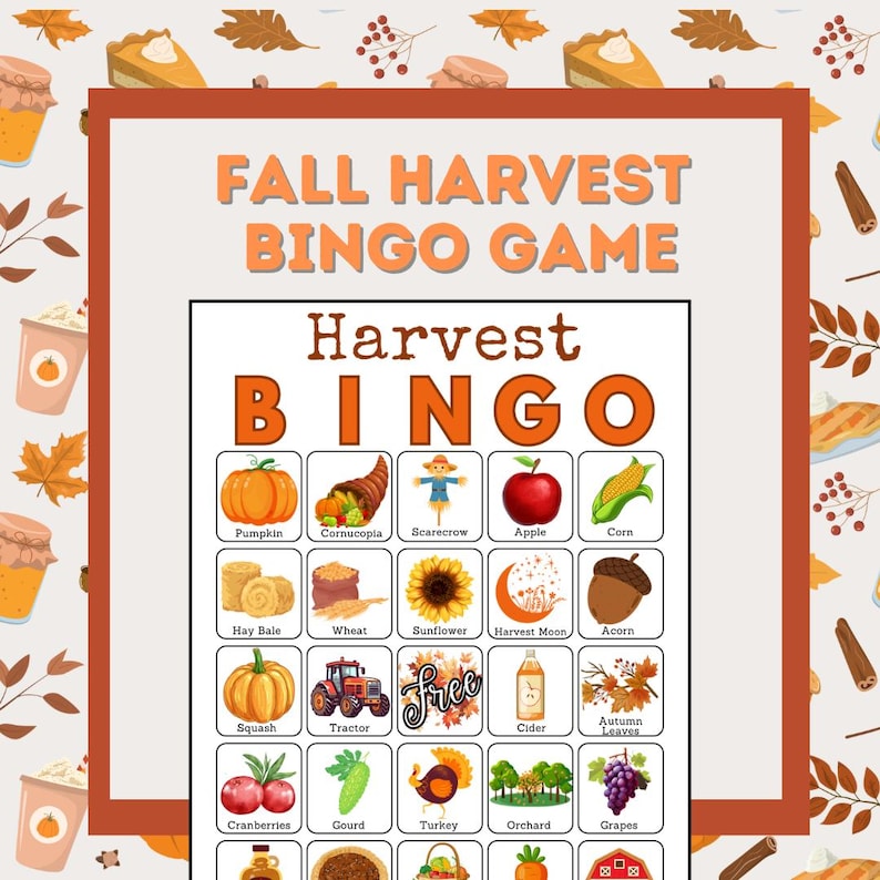 Printable Fall Harvest Bingo Game - Includes Calling Card and Playing ...