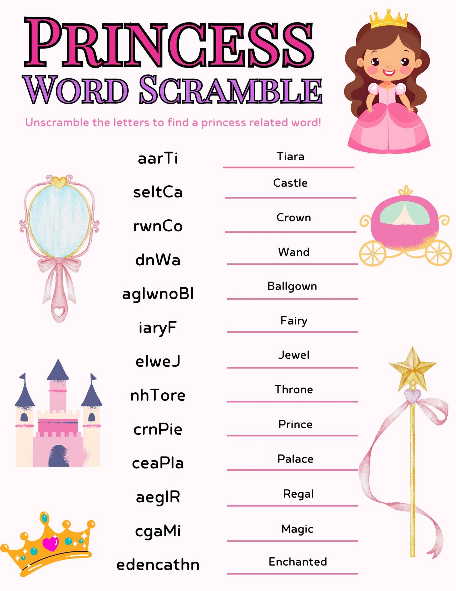 Printable Princess Word Scramble Puzzle With Answer Key - Etsy