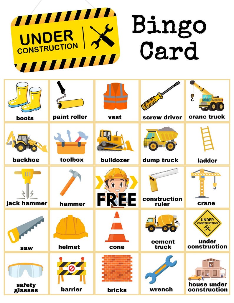 Printable Construction Bingo Game - Complete With Calling Card & 10 ...