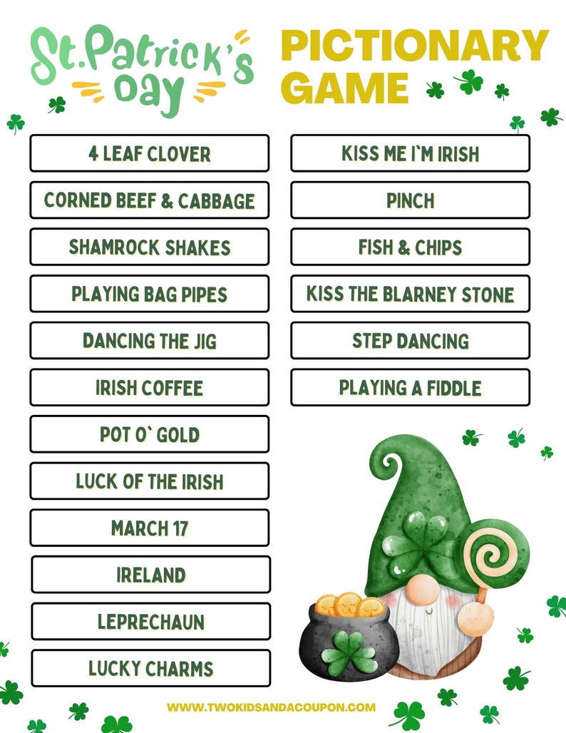 Printable St. Patrick's Day Pictionary Categories - Etsy