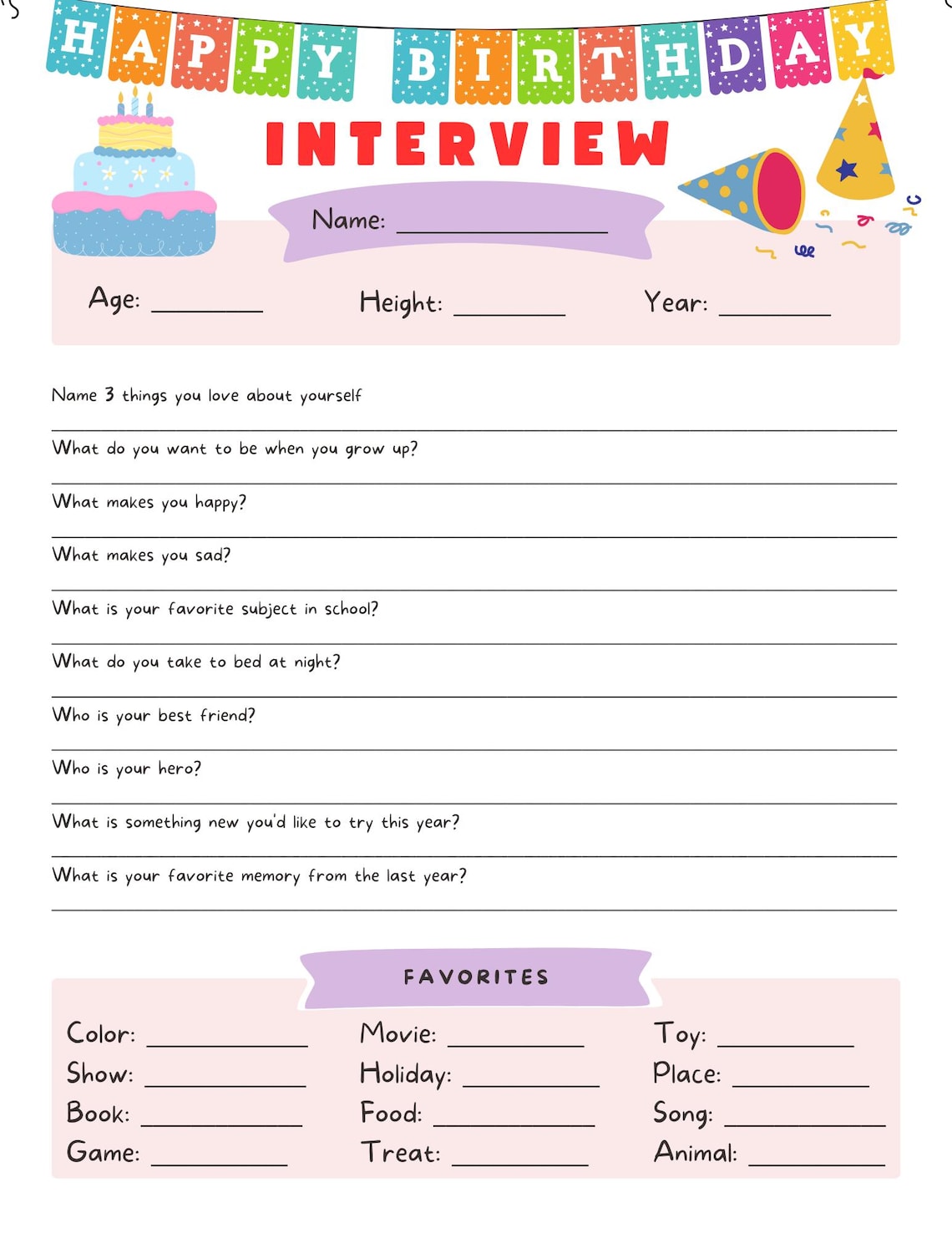 Printable Birthday Interview Form for Kids - Etsy
