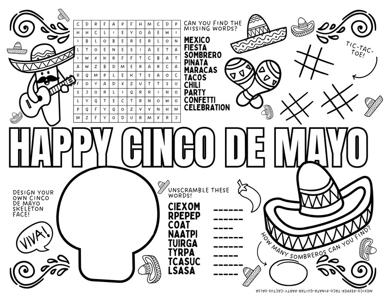 4 Printable Cinco De Mayo Coloring Page and Activity Placemats - Etsy