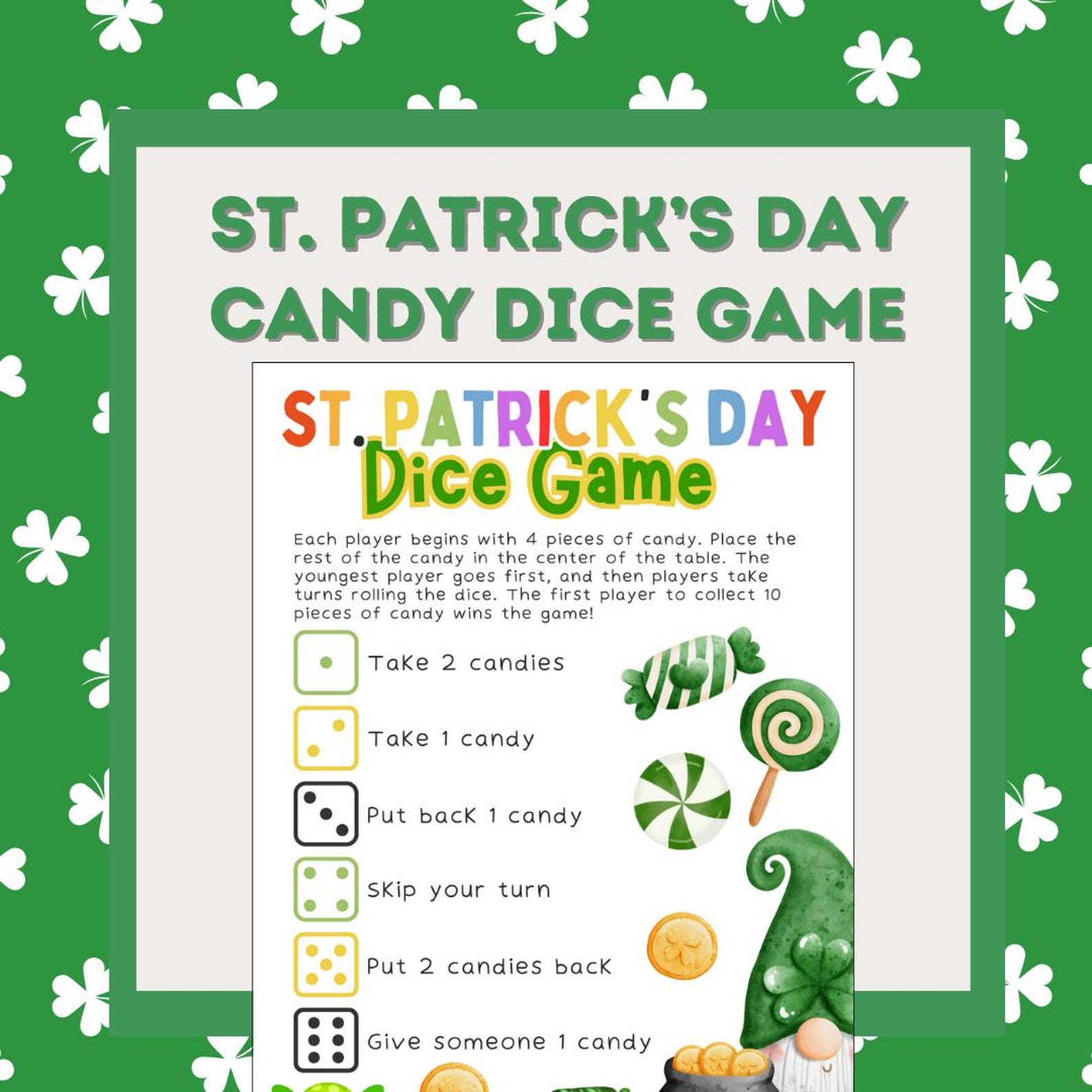Printable St. Patrick's Day Candy Dice Game - Etsy