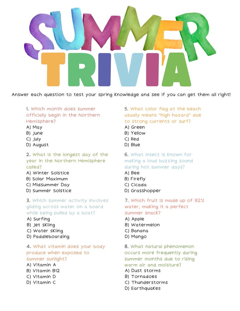Printable Summer Trivia Game With Answer Key - Etsy