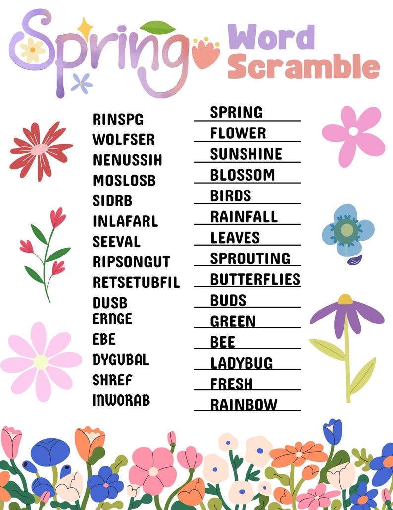 Printable Spring Word Scramble Puzzle - Etsy