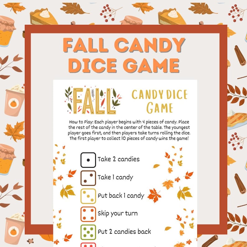 Printable Fall Candy Dice Game - Fun for Fall Party, Gatherings or to ...