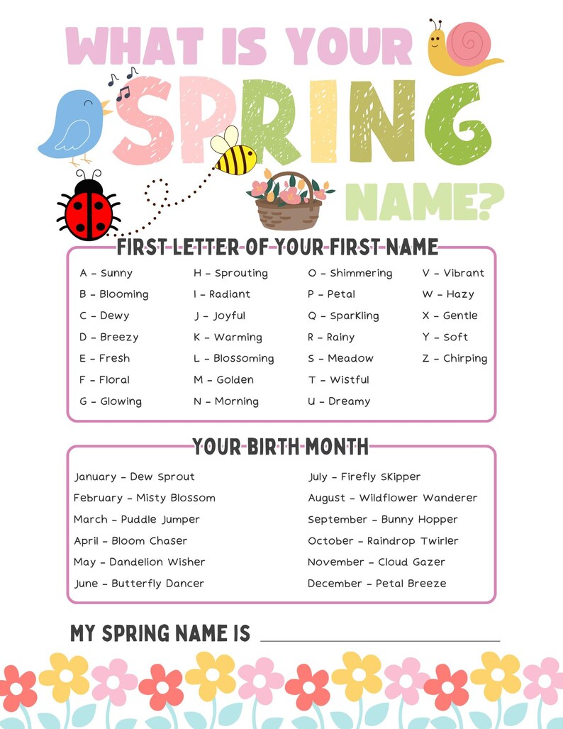 Printable Spring Name Game Worksheet - Etsy
