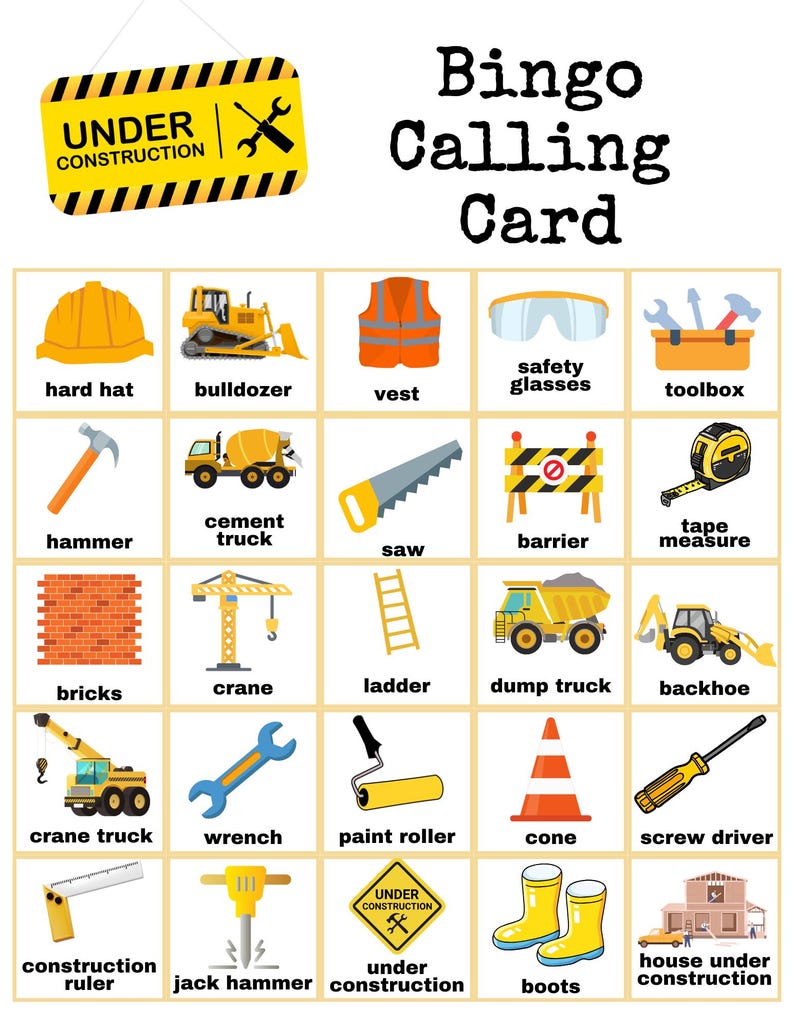 Printable Construction Bingo Game - Complete With Calling Card & 10 ...