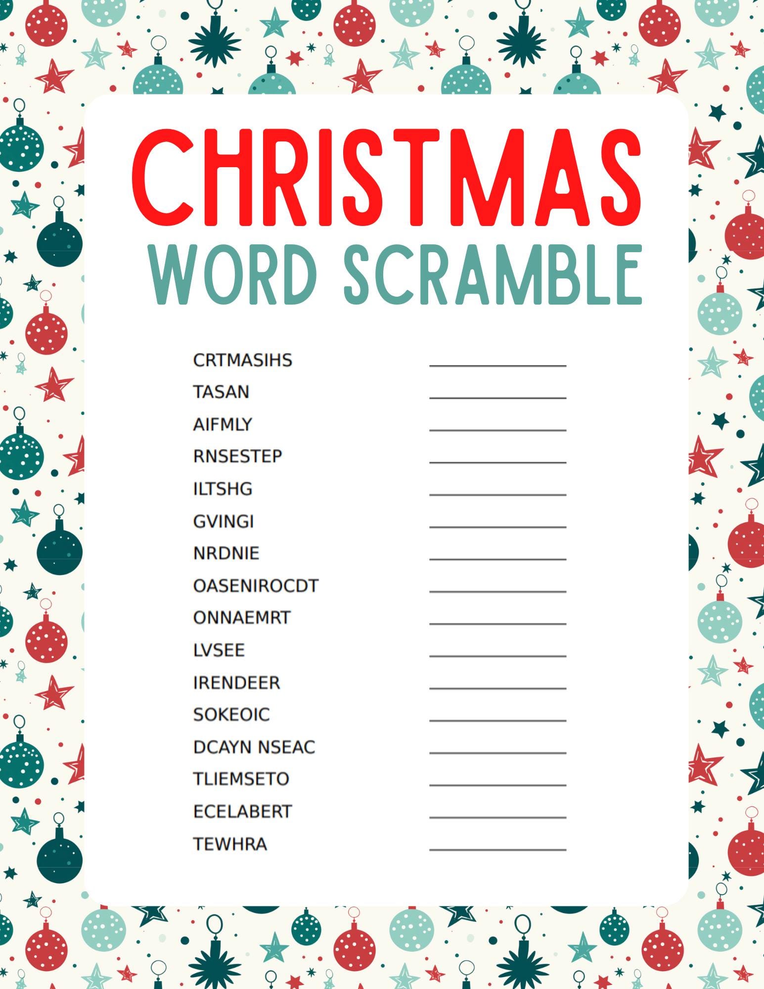 Printable Christmas Word Scramble Puzzle With Answer Key - Etsy