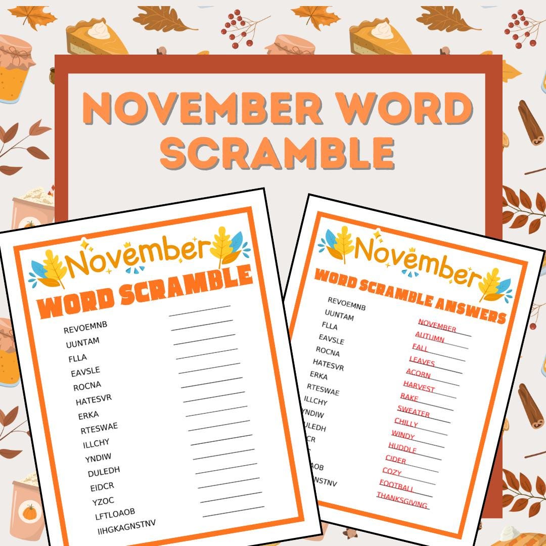Printable November Word Scramble With Answer Key - Etsy