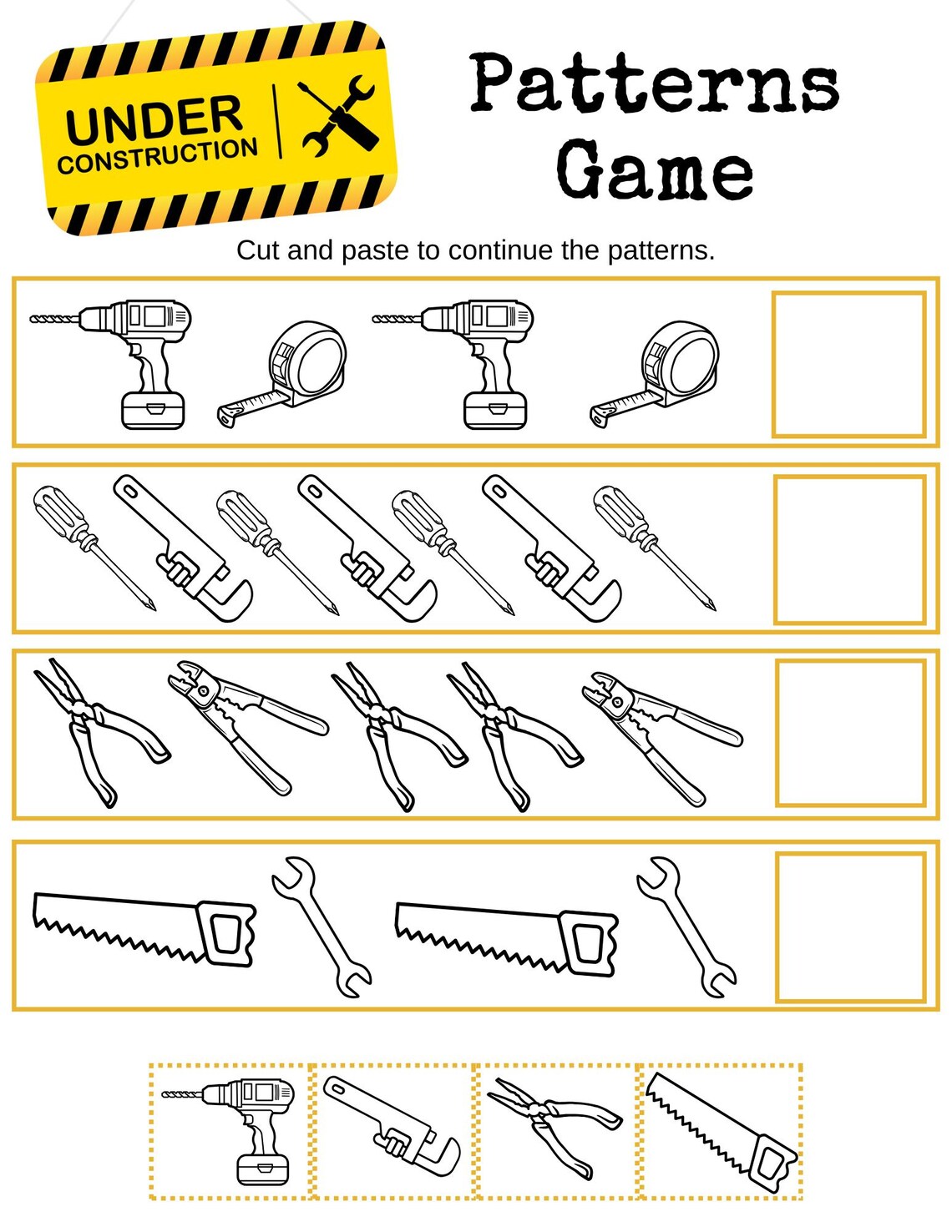 Printable Construction Matching Patterns Game - Great for Construction ...