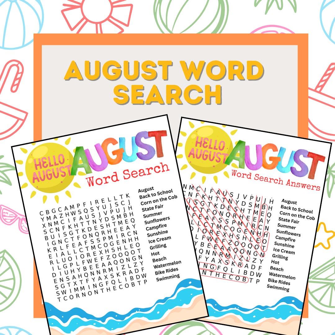 Printable August Word Search With Answer Key - Etsy