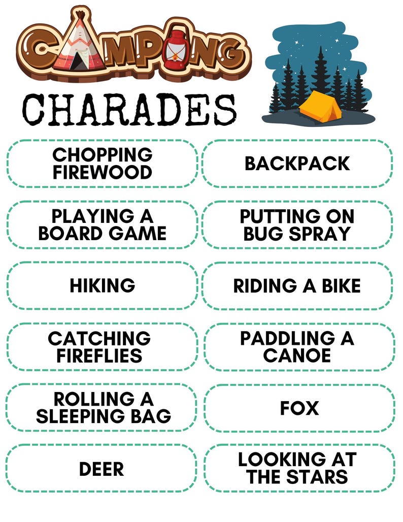 Printable Camping Charades Game - Includes 2 Pages of Categories - Etsy