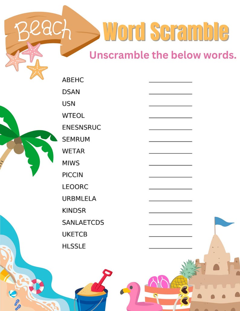 Printable Beach Word Scramble Puzzle Complete With Answer Key - Etsy