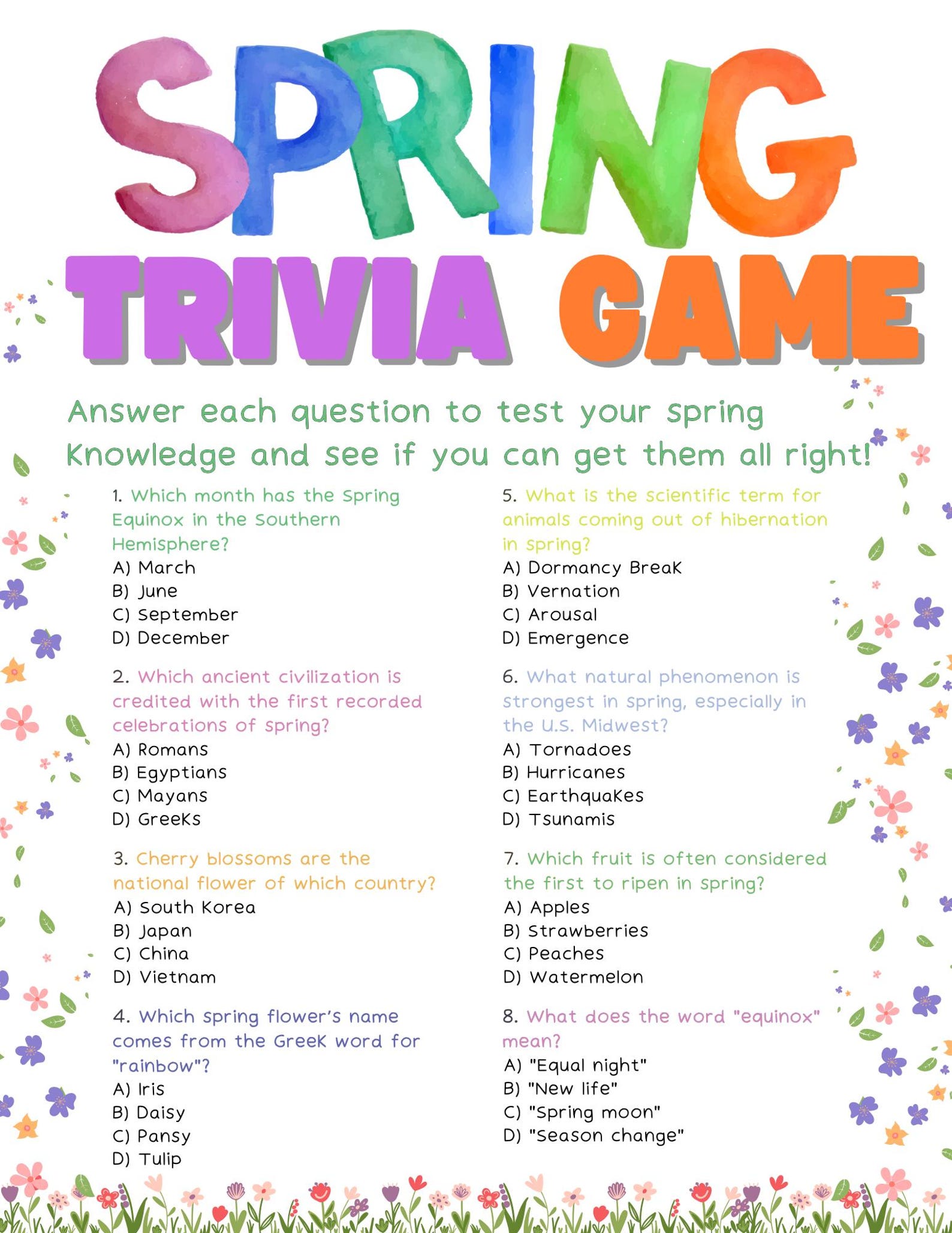 Printable Spring Trivia Game With Answer Key - Etsy