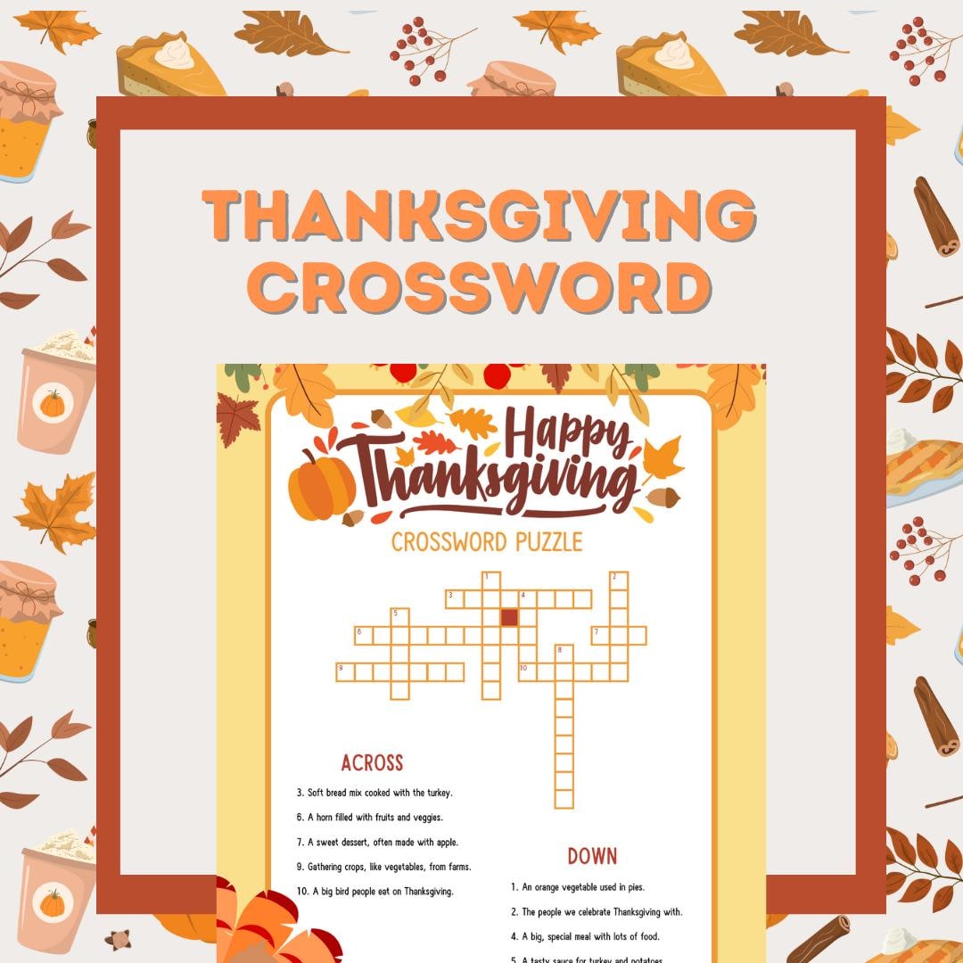 Printable Thanksgiving Crossword Puzzle With Answer Key - Etsy