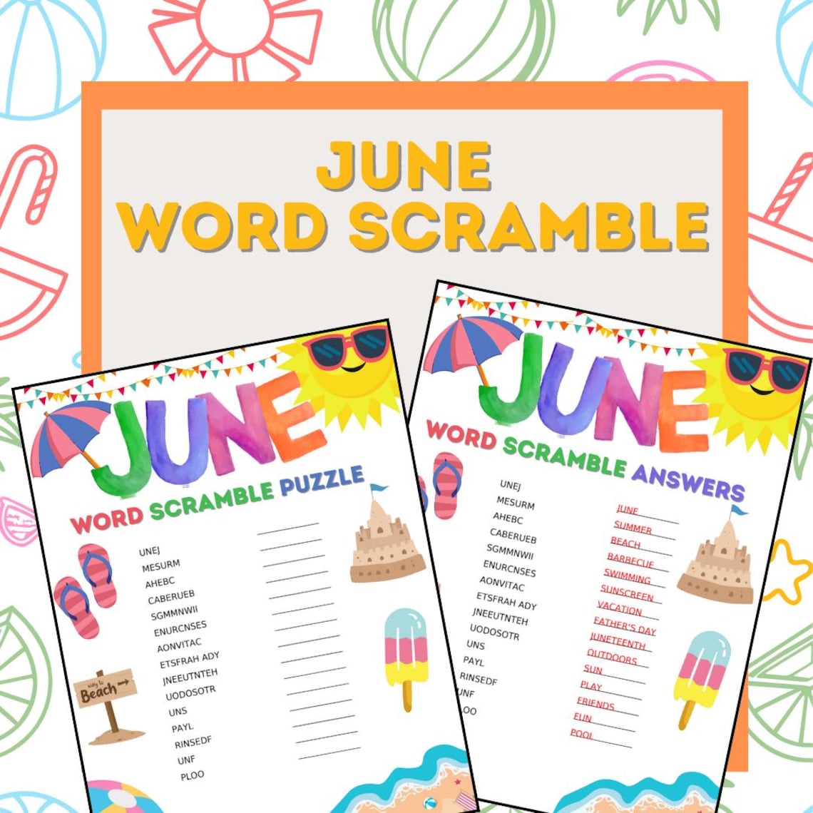 Printable June Word Scramble Puzzle Complete With Answer Key - Etsy