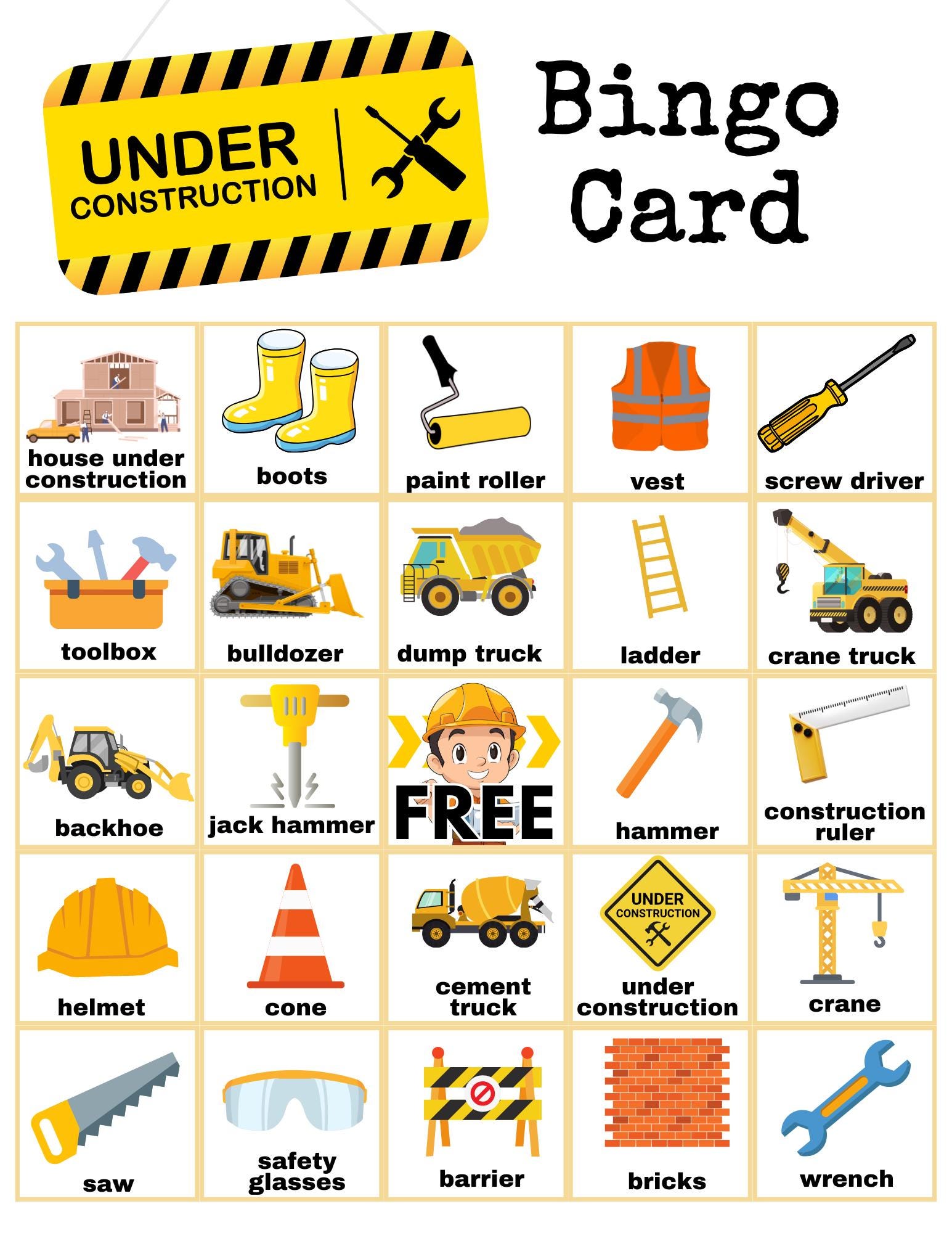 Printable Construction Bingo Game - Complete With Calling Card & 10 ...