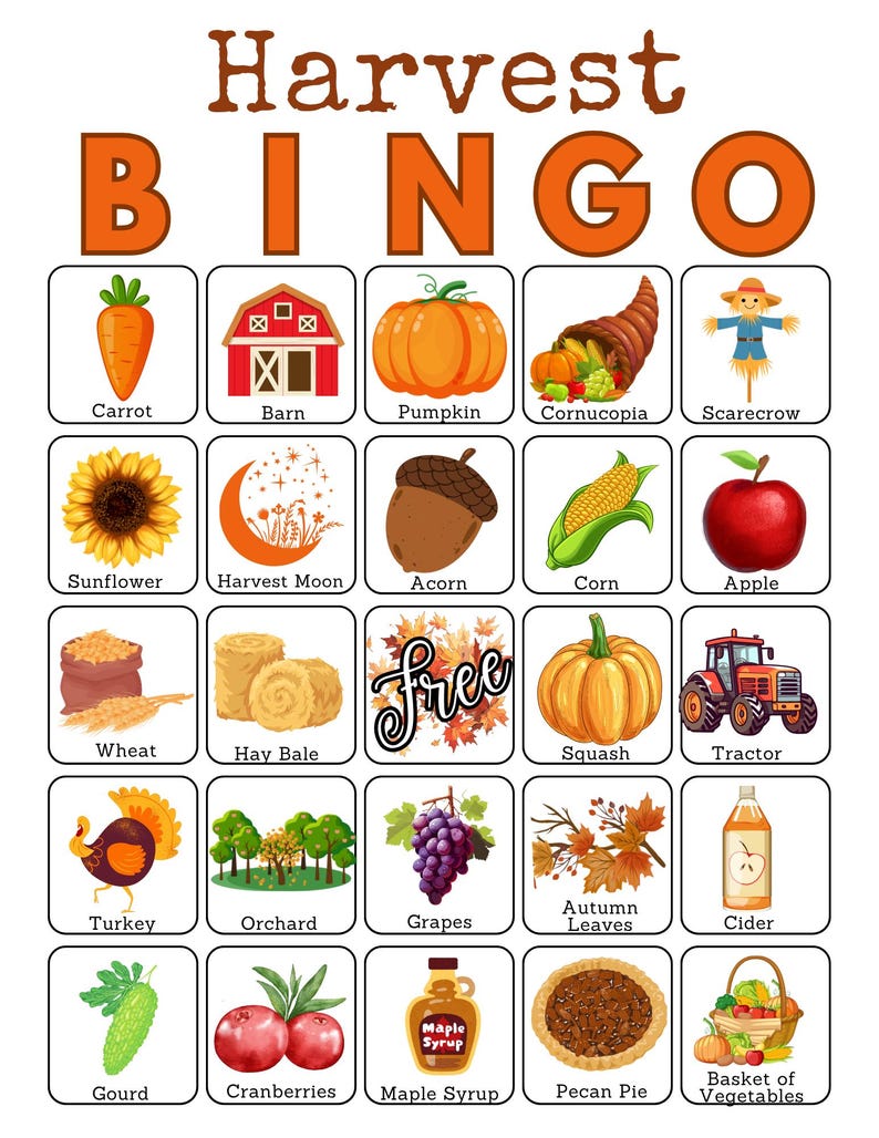 Printable Fall Harvest Bingo Game - Includes Calling Card and Playing ...