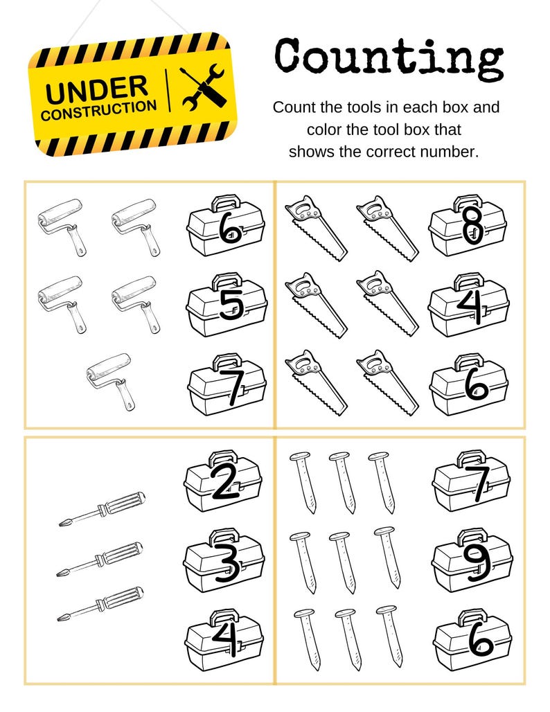Printable Construction Counting and Coloring Pages - 5 Pages of ...
