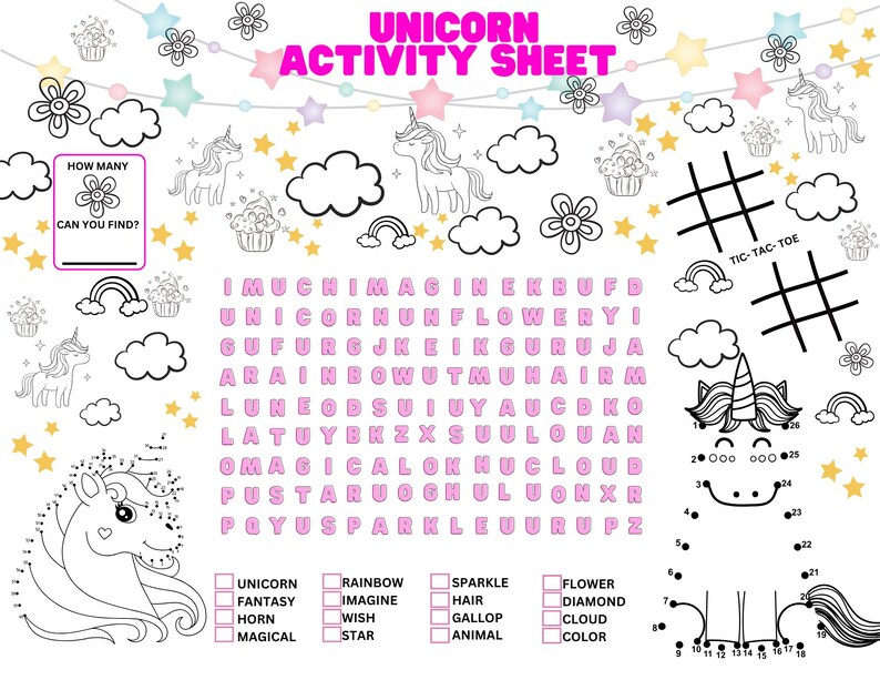 Printable Unicorn Games Activity Sheet - Etsy
