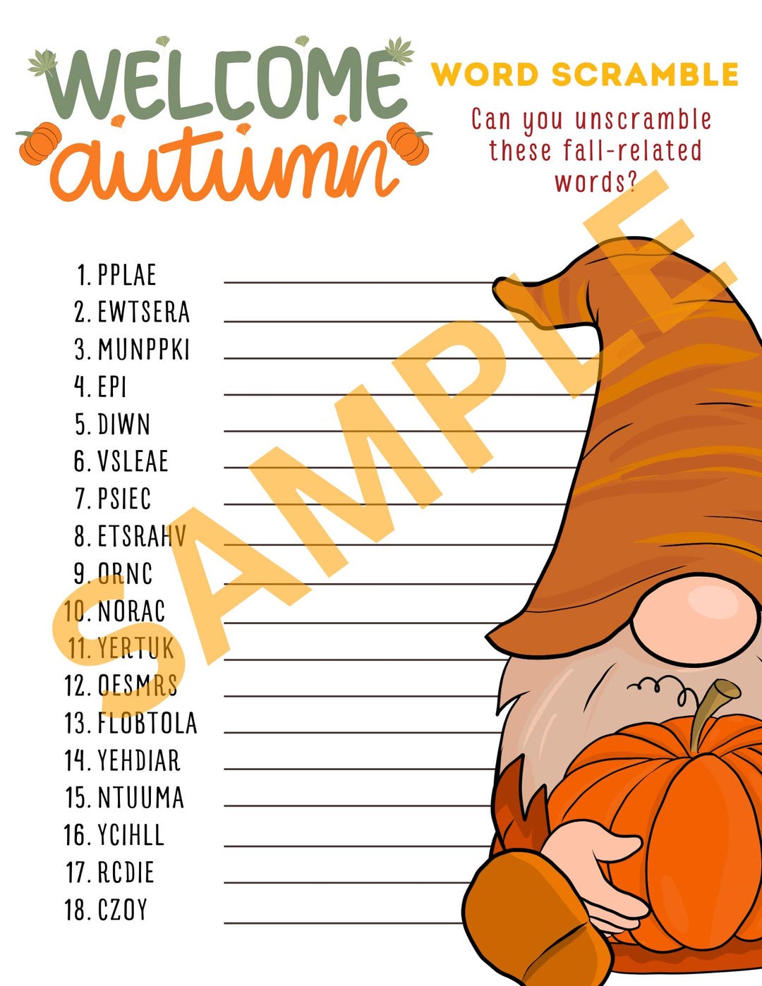 Fall Word Scramble Puzzle - Etsy