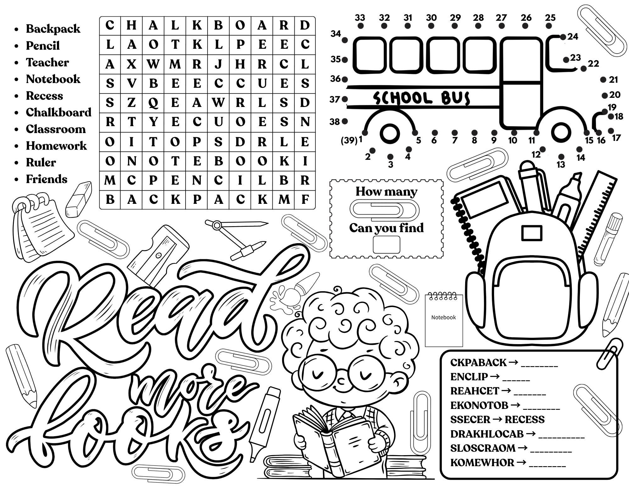 5 Printable Back to School Activity Pages (plus 1 Page Answer Key ...
