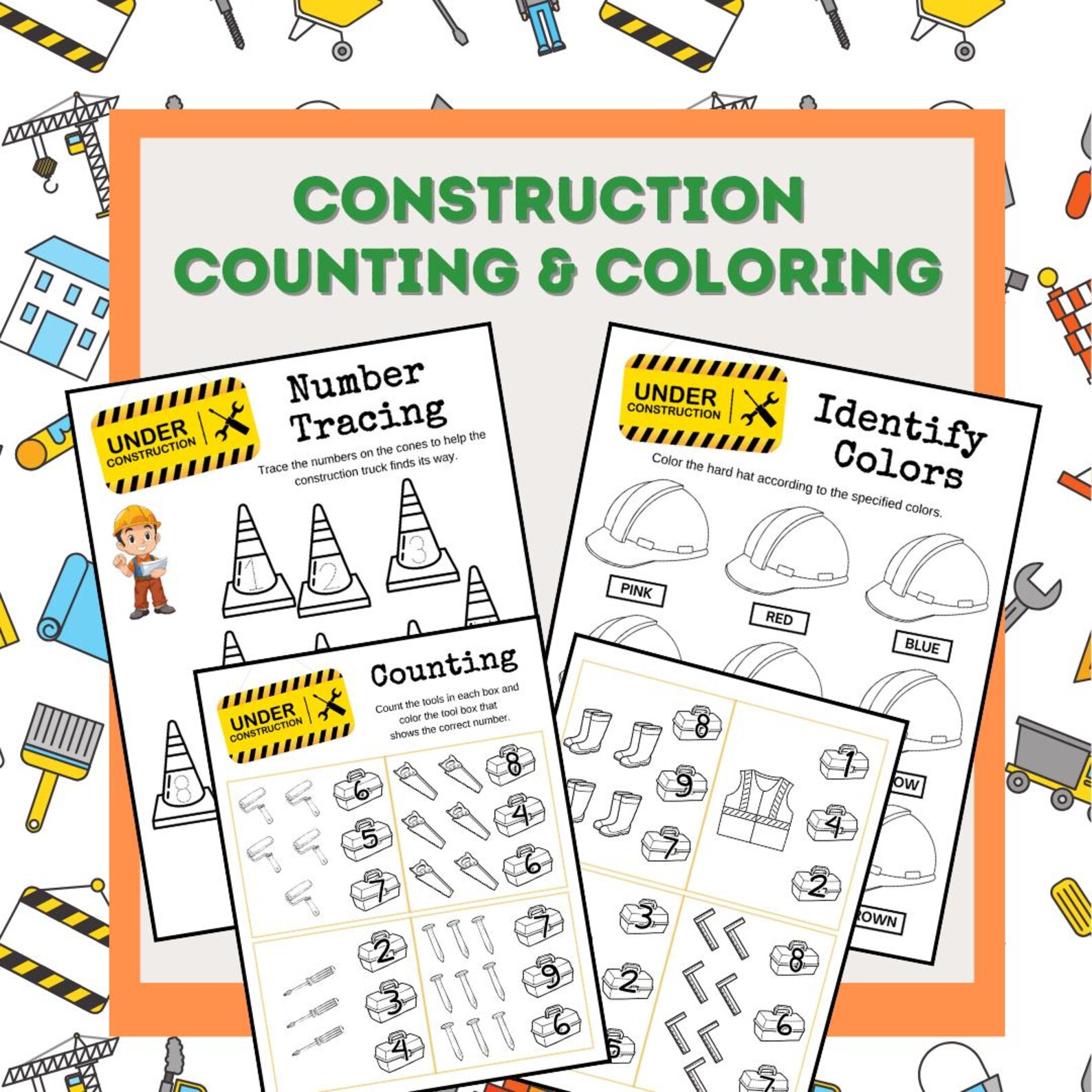 Printable Construction Counting and Coloring Pages - 5 Pages of ...