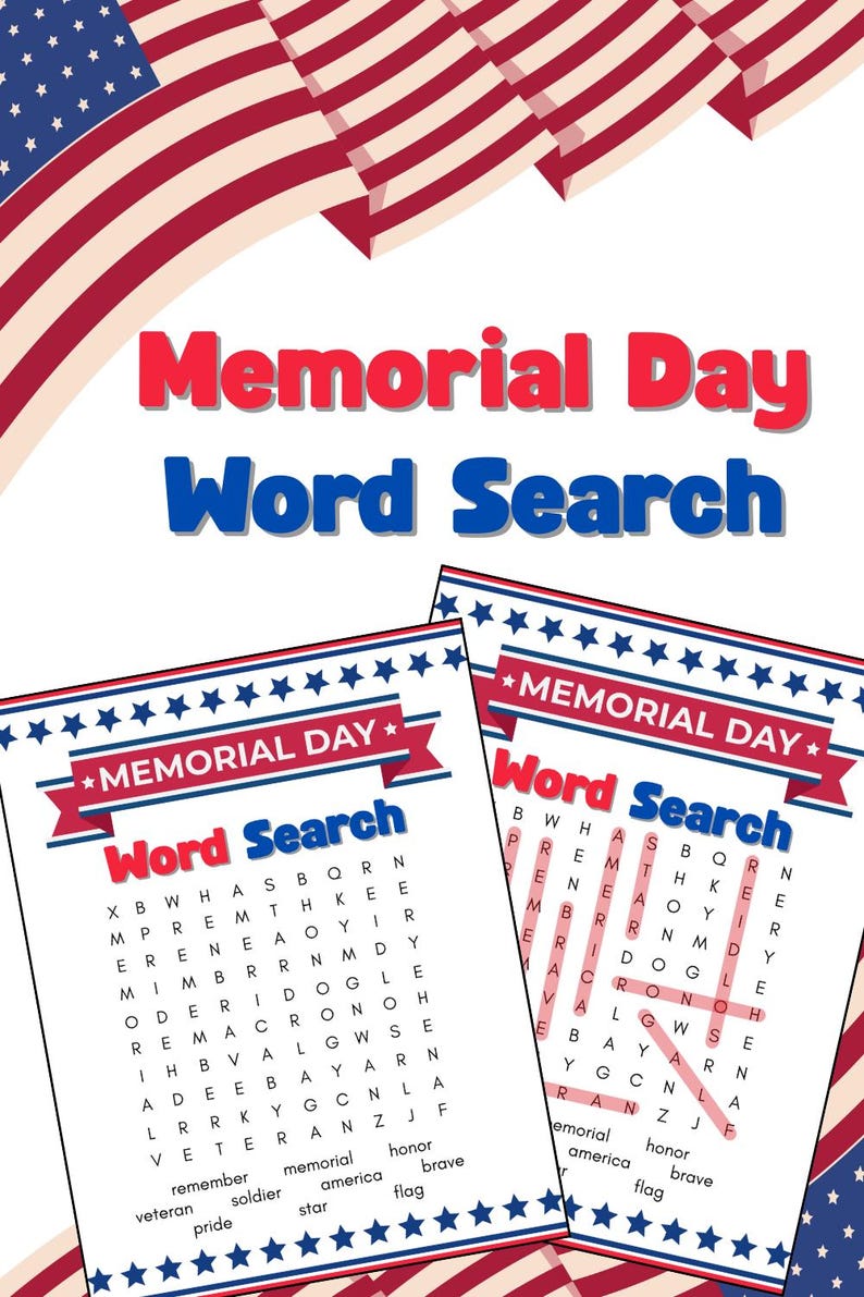 Printable Memorial Day Word Search - Etsy