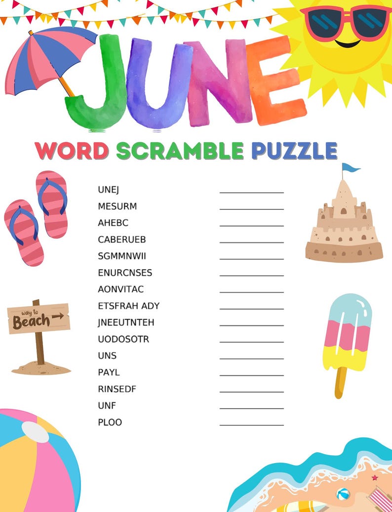 Printable June Word Scramble Puzzle Complete With Answer Key - Etsy