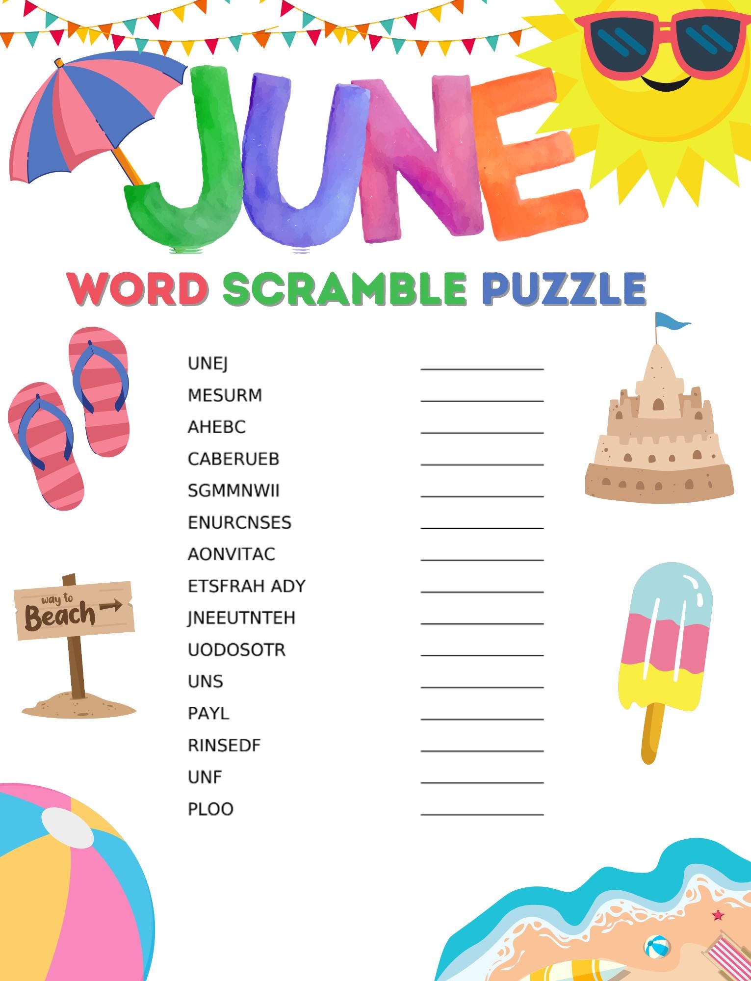 Printable June Word Scramble Puzzle Complete With Answer Key - Etsy