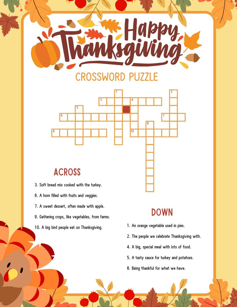 Printable Thanksgiving Crossword Puzzle - Etsy