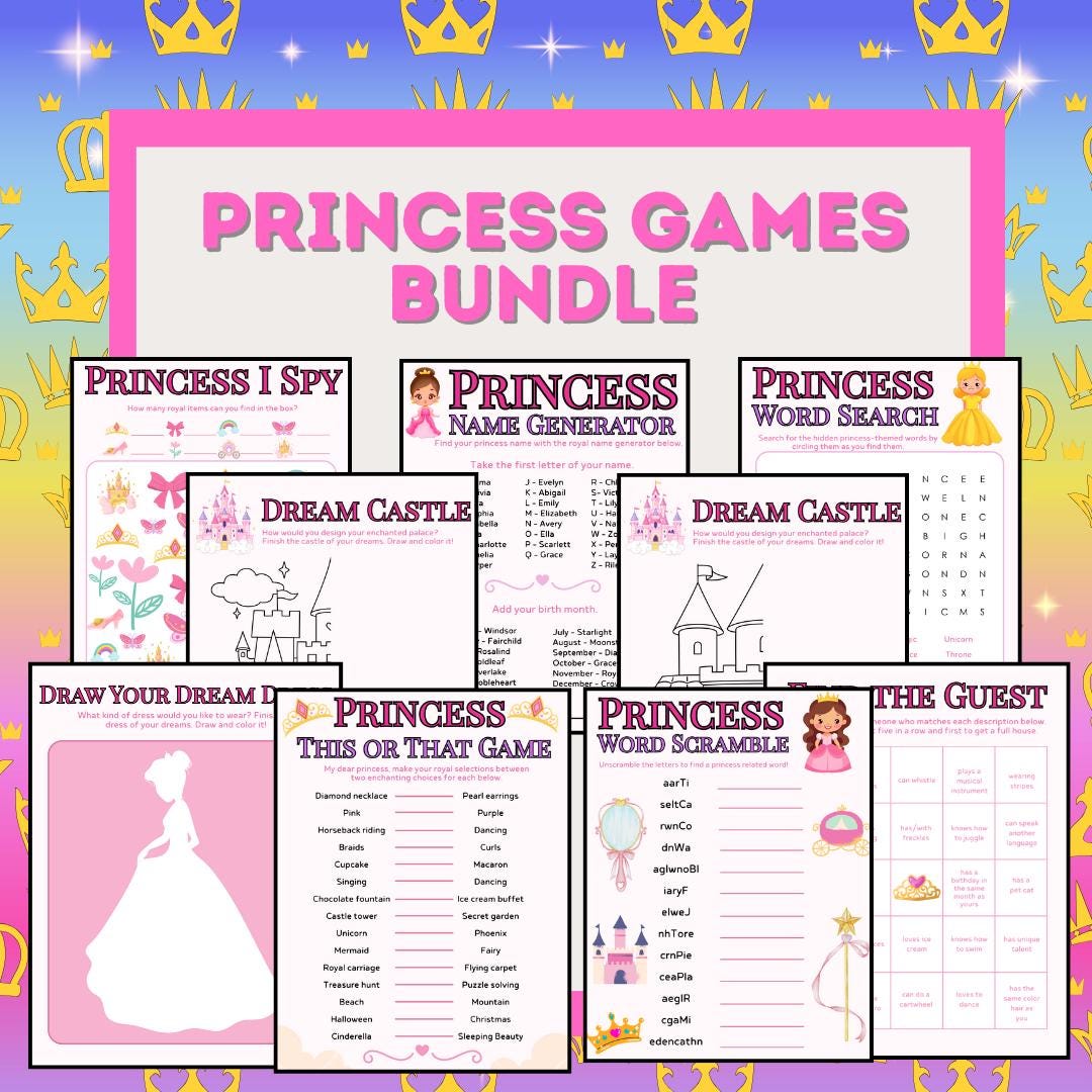 14 Page Printable Princess Games Bundle - Perfect for a Princess Party ...