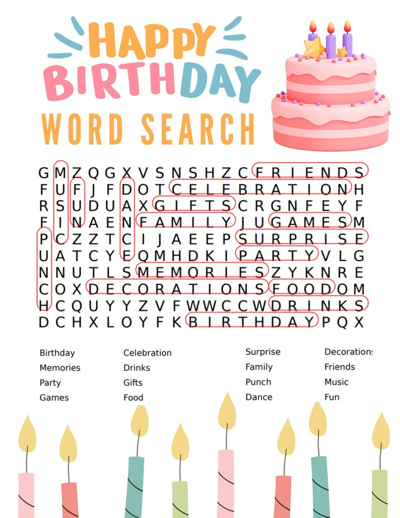 Printable Birthday Word Search With Answer Key - Etsy