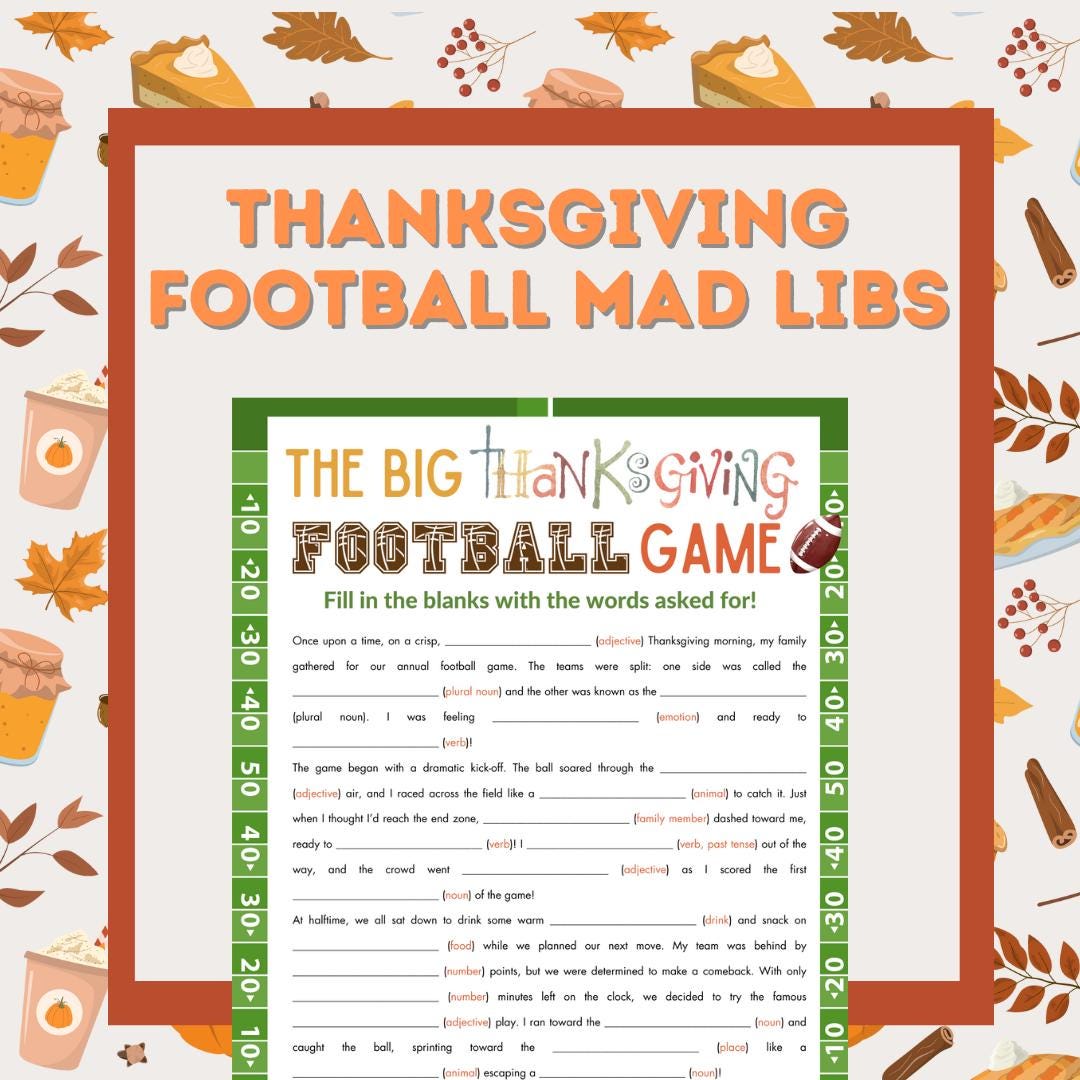 Fun Printable Thanksgiving Football Mad Libs Game - Etsy