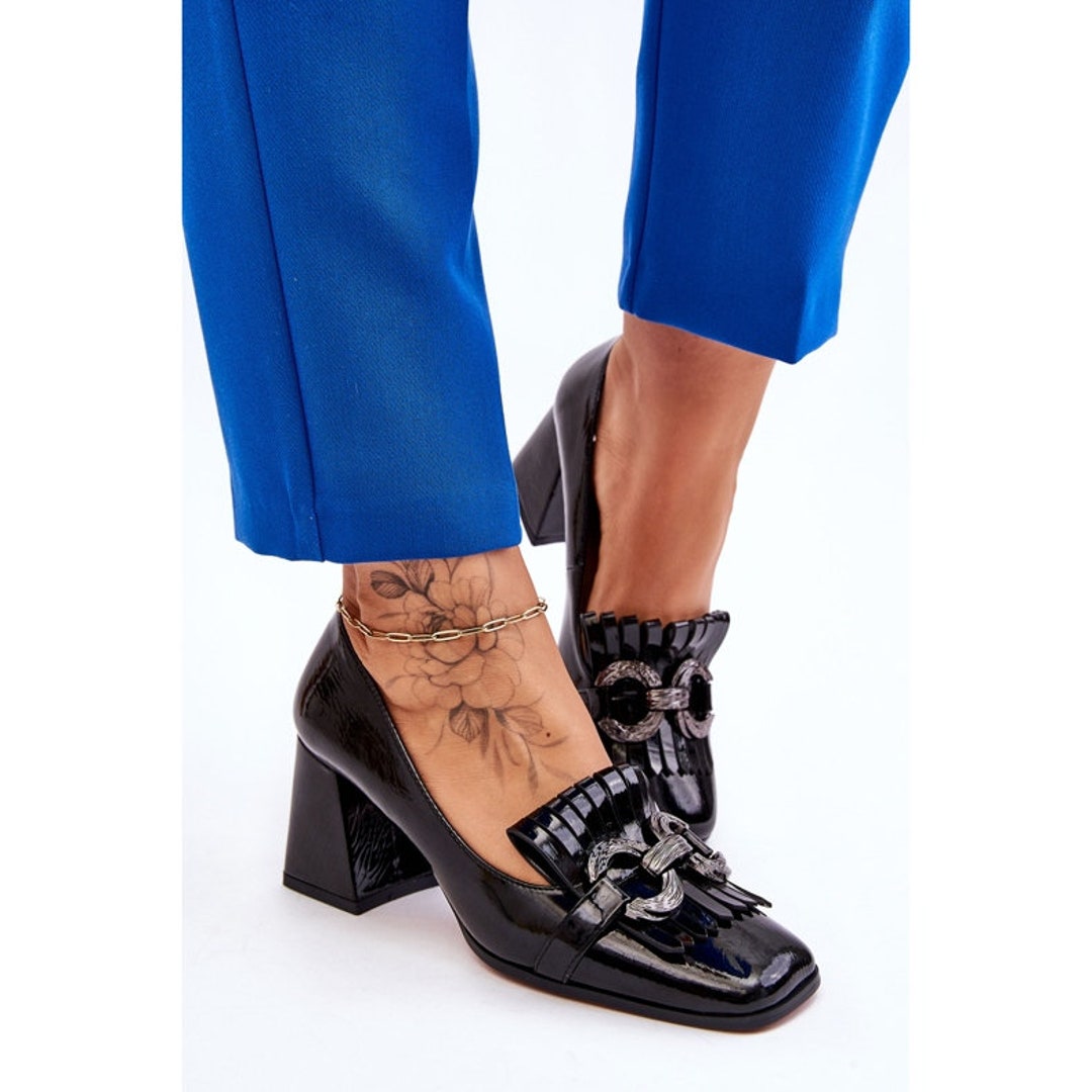 Ladies Block Heel Black Fringe Front Shoes, Black High Heel Shoes for ...