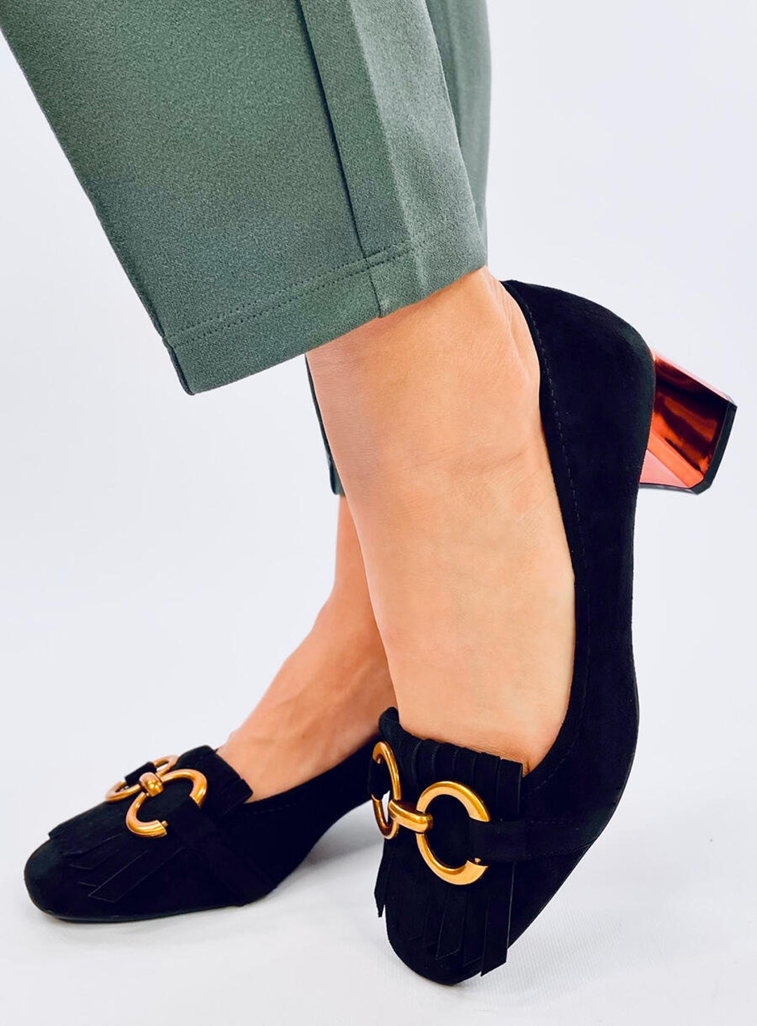 Woman Black Heeled Court Shoes With Copper Heels, Fringe Front Court ...