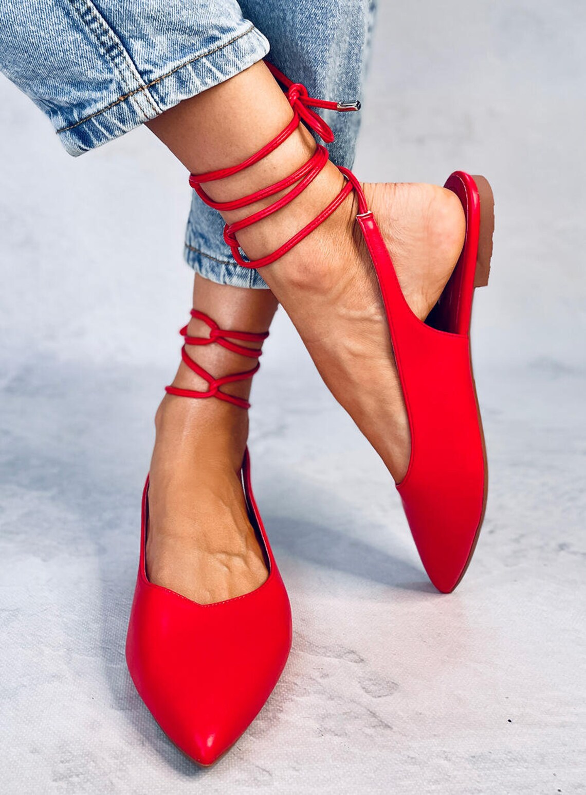 Red Ballet Pump Shoes With Open Heel, Women's Flat Pumps Ladies, Ankle ...