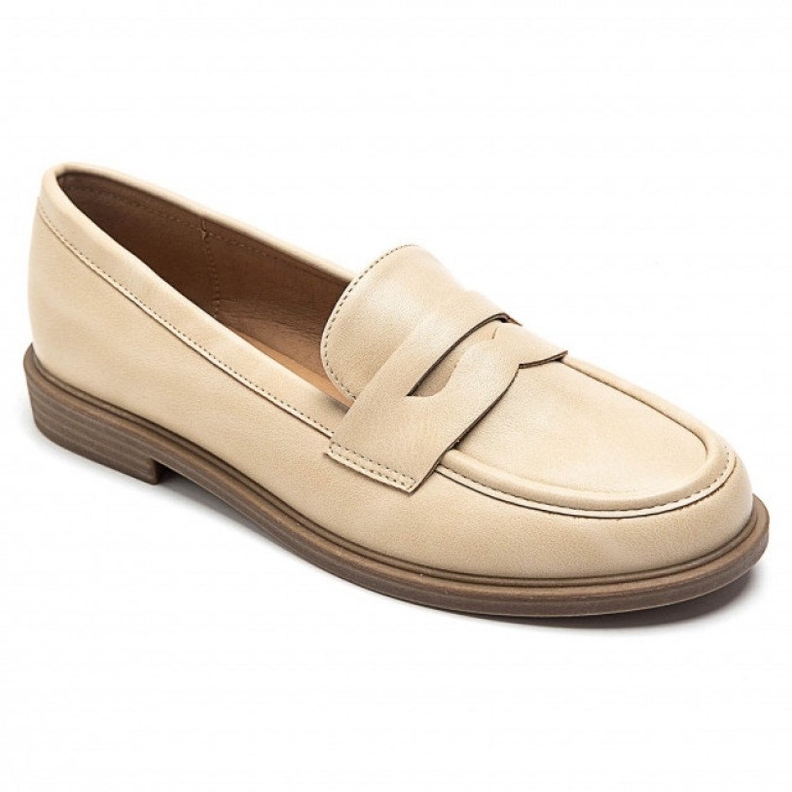 Woman Beige Flat Classic Loafers, Ladies Slip-on Low Heel Shoes ...